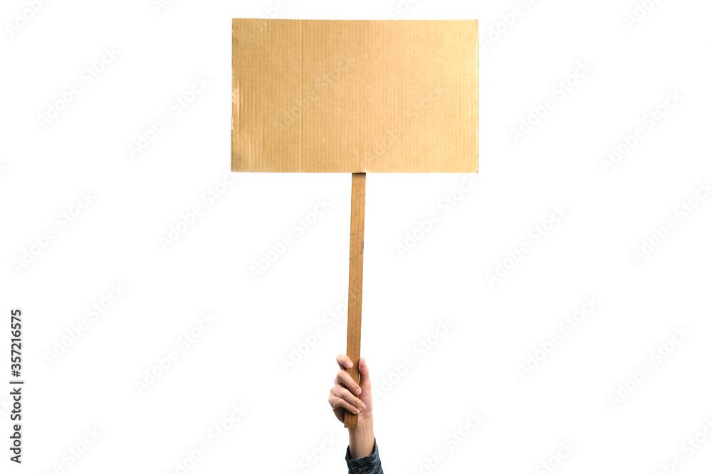 Woman holding a blank placard mock up on wood stick to put the text at ...