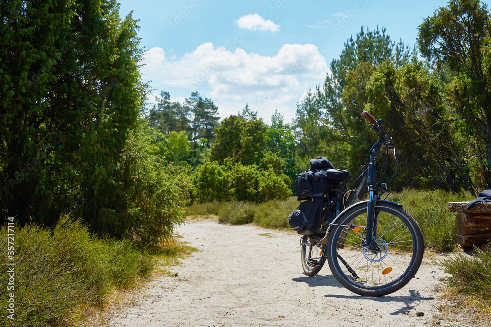 Trekking bike loaded with panniers on a sandy path through the heath in ...