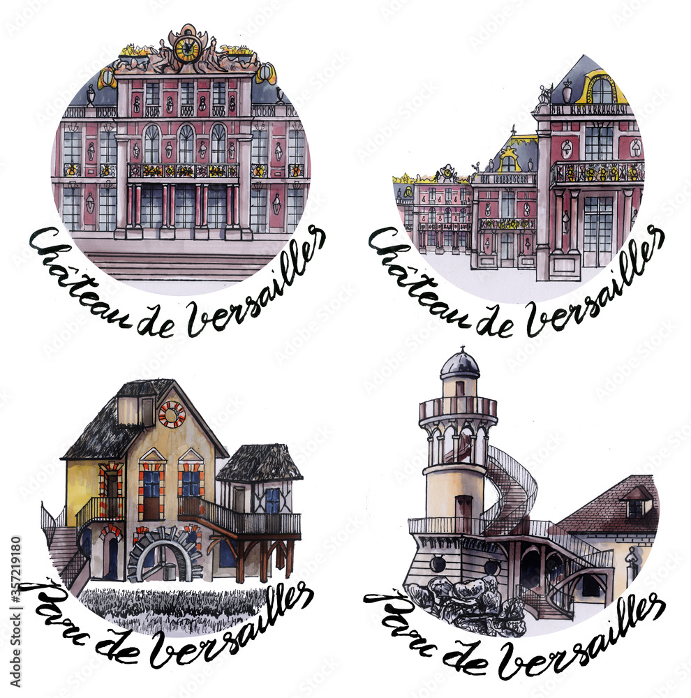 Sights of France. Set of color icons. Versailles and Lesser Trianon ...