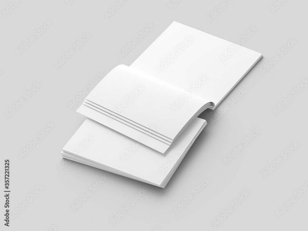 Open magazine with a glued binding. Stack of catalogues. Vertical A4 ...