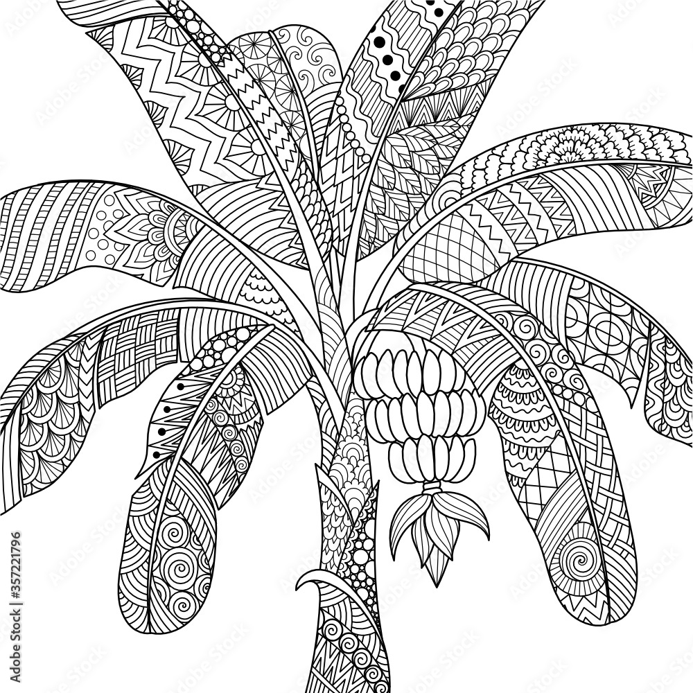 Line art design of banana tree for printing on product, adult coloring ...