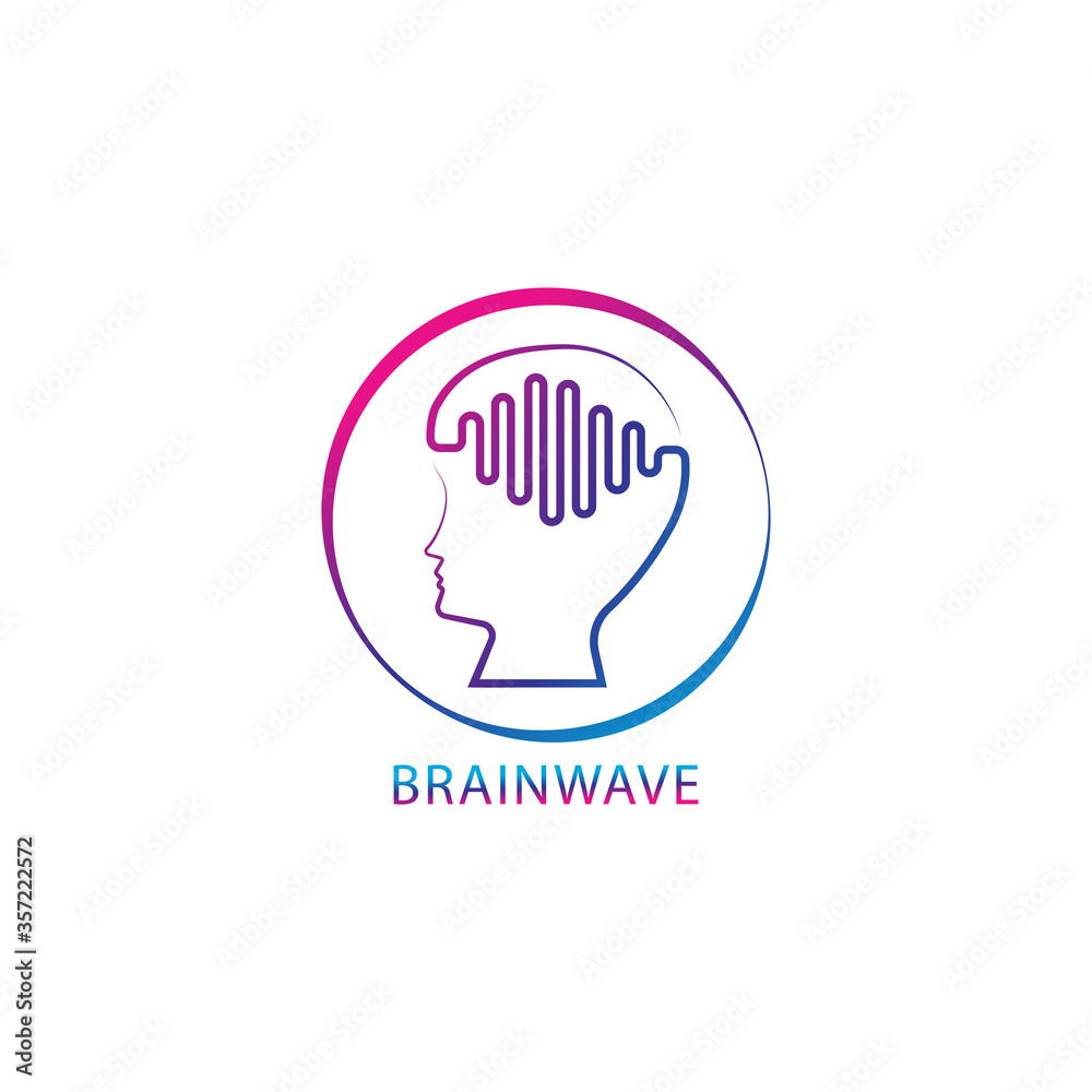Colorful brainwave logo design template. Outlined people head with pulse signal wave logo ...