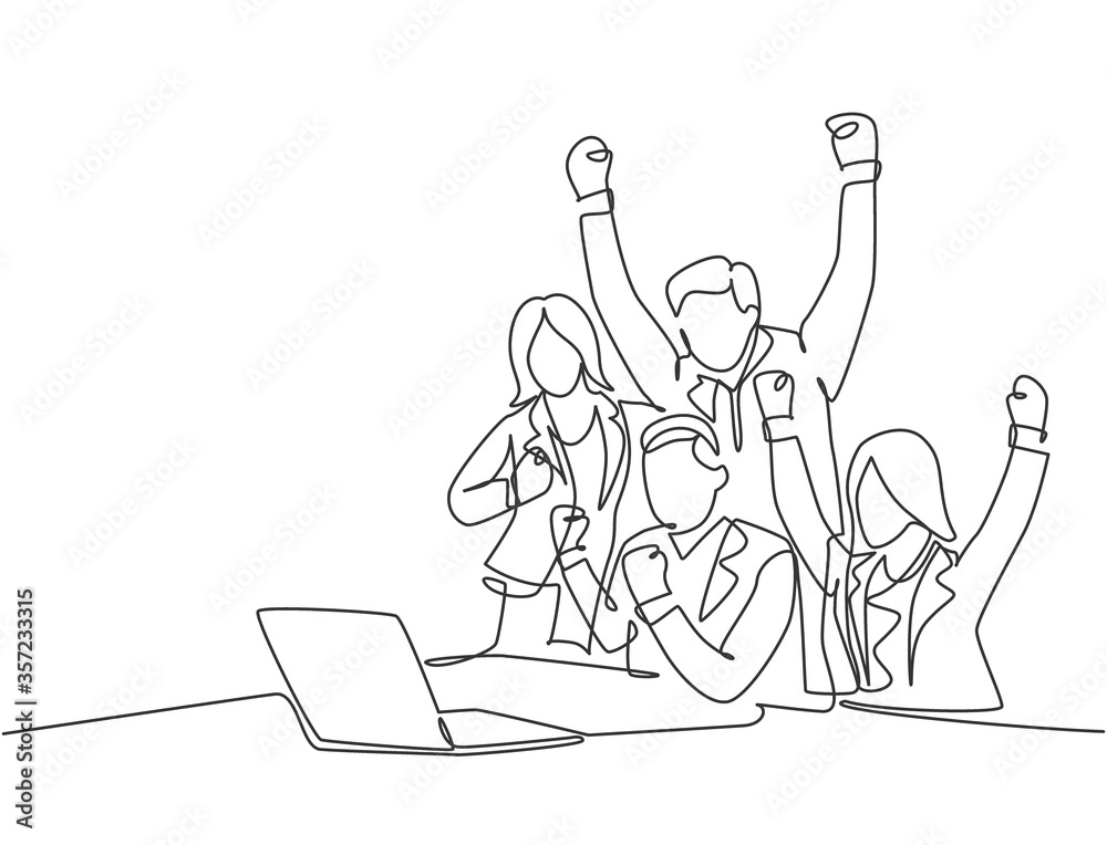 One continuous line drawing of young happy male start up CEO and his ...