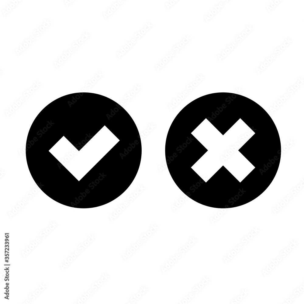 Black round shape x & v checkmark & cross icons, control panel flat ...
