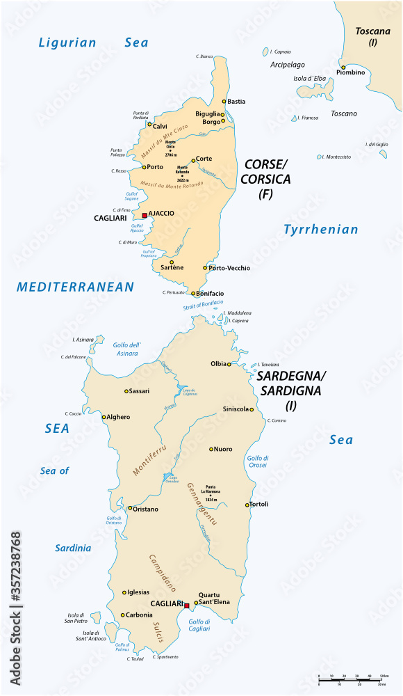 vector map of the two mediterranean sea islands of corsica and sardinia ...