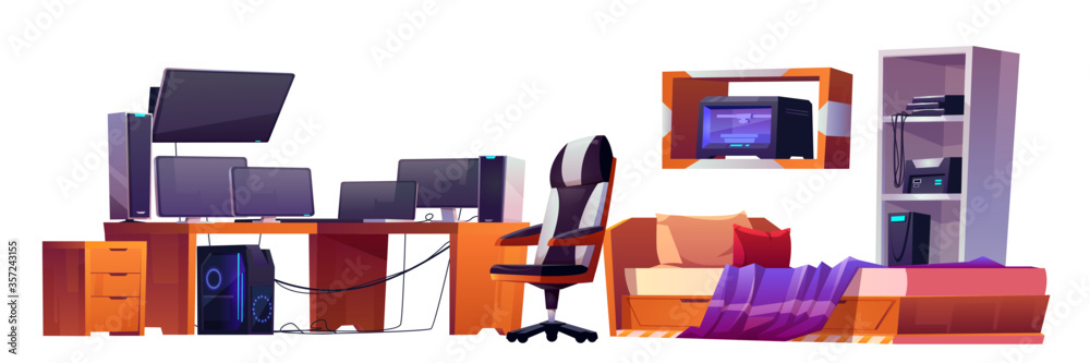 Bedroom interior of gamer, programmer or streamer. Vector cartoon set ...