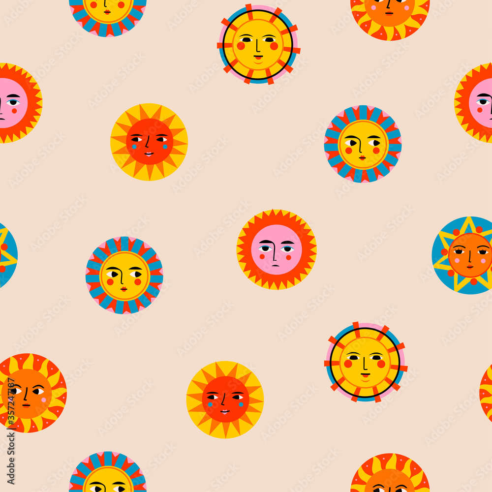 Colorful abstract Suns with faces. Various emotions. Ethnic style. Hand ...