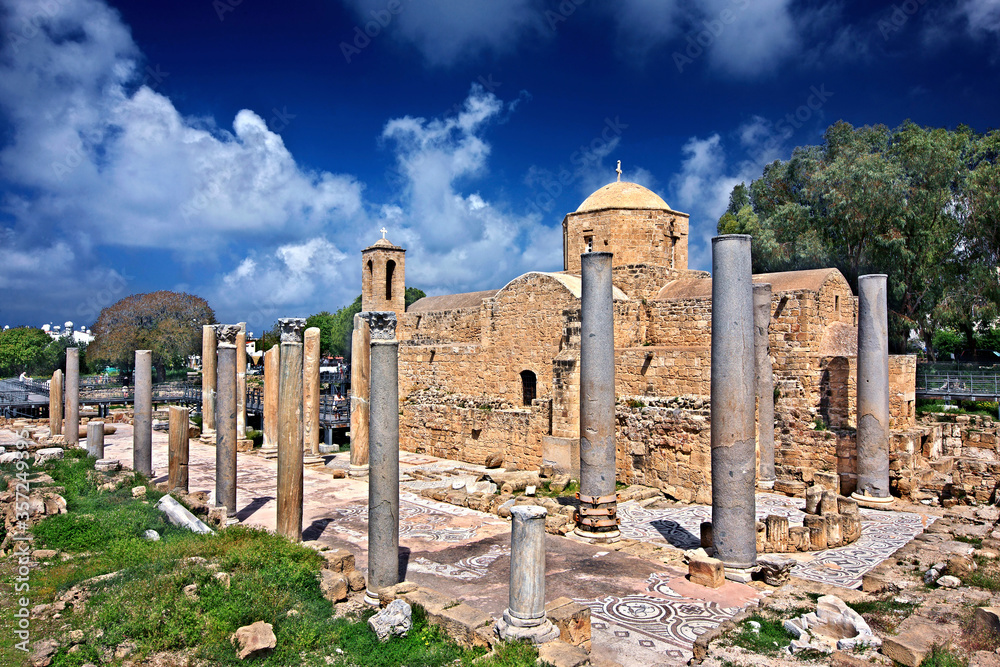 KATO PAPHOS, CYPRUS. The church of Agia Kyriaki surrounded by the ruins ...