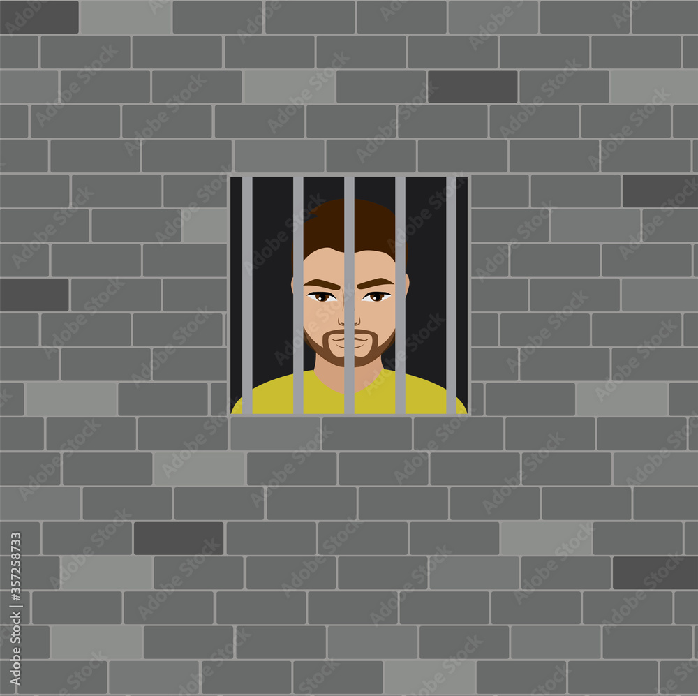 Old brick wall facade and small window, man behind bars, prison ...