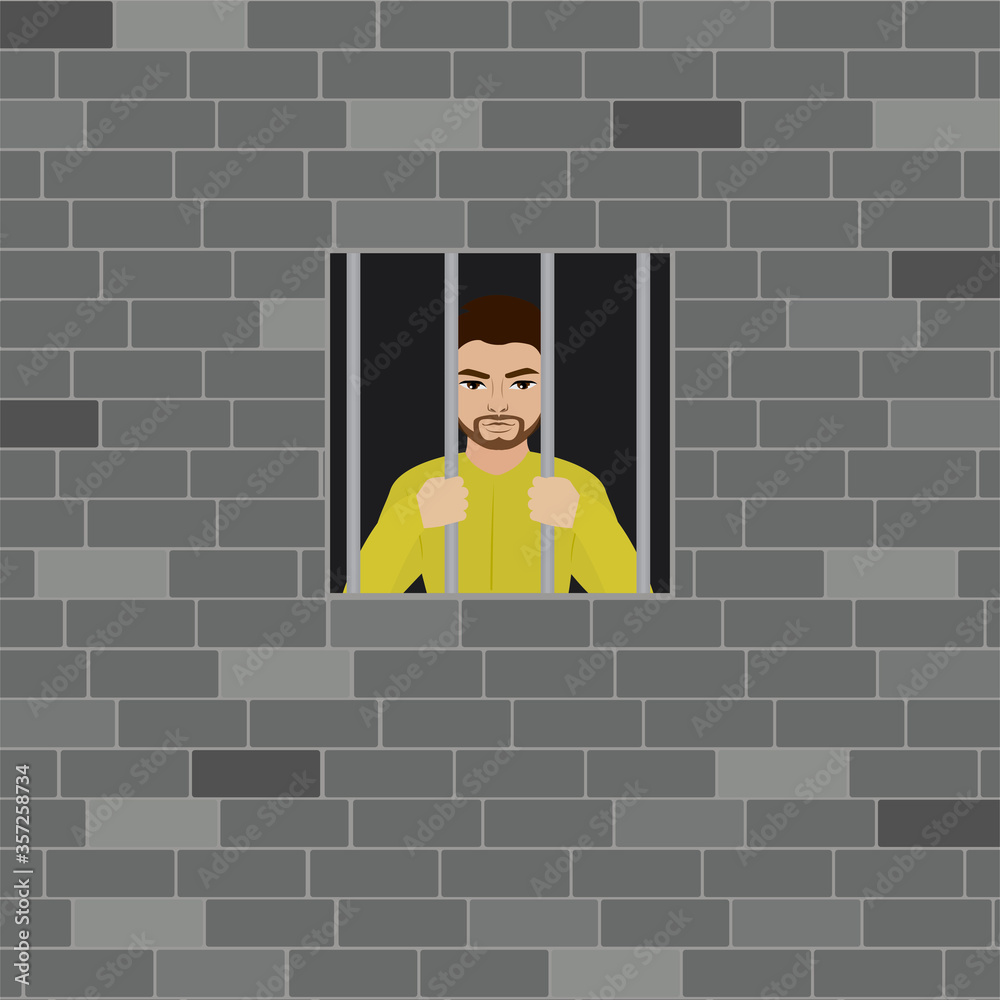 Old brick wall facade and small window, prison. Cartoon male prisoner ...