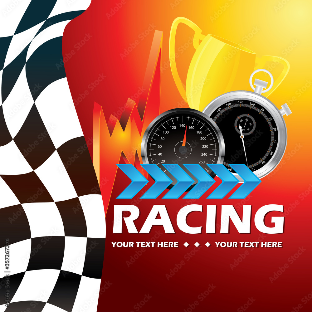 Racing poster design with waving checkered flag, trophy, speed meter ...