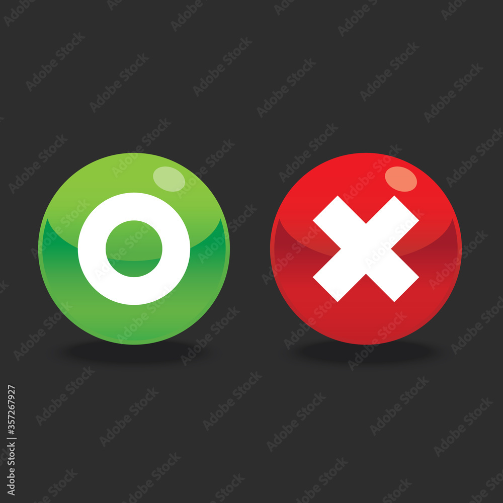 Glossy O and X round shape icons with shadow, green circle & red cross ...