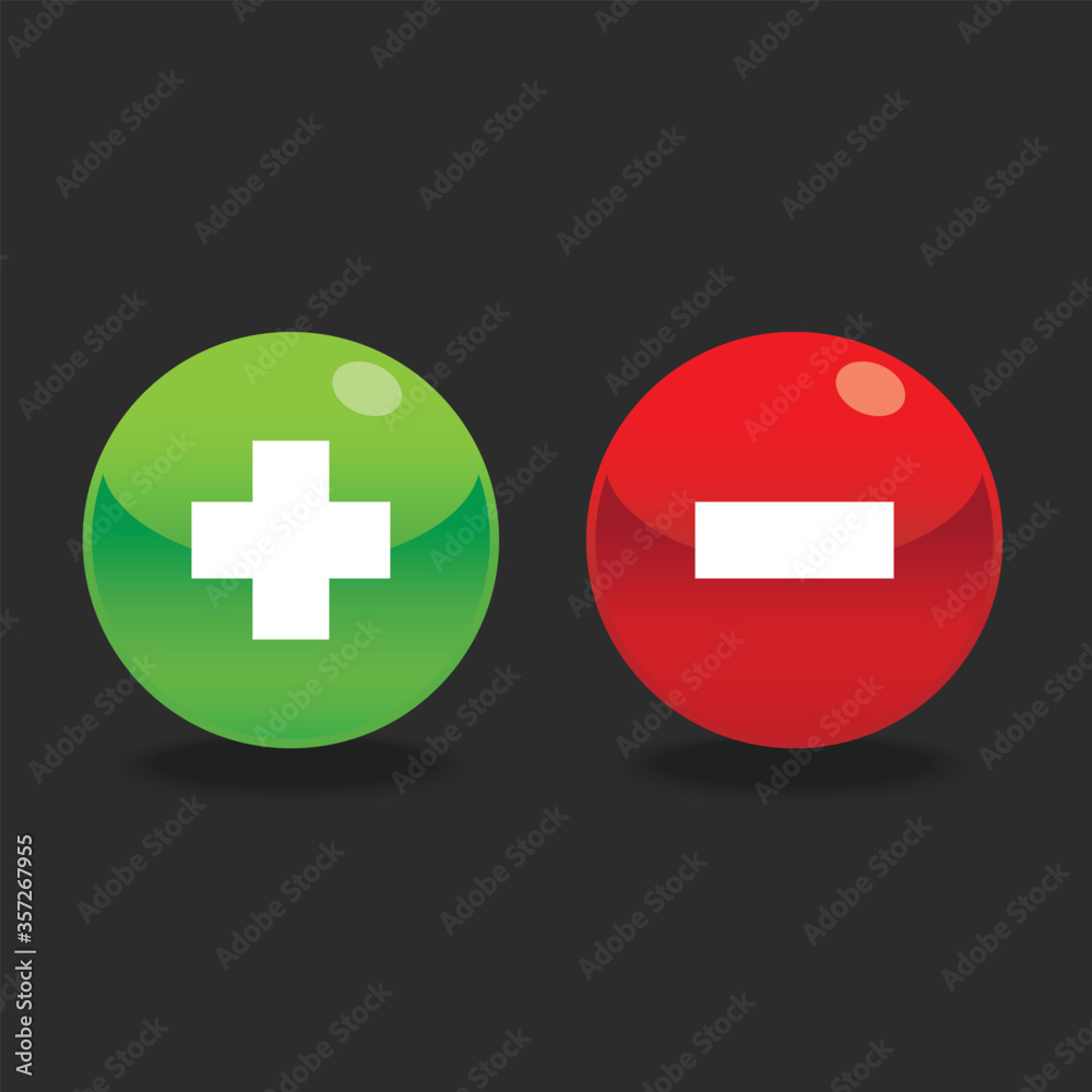 Glossy plus & minus round shape icons with shadow, shiny green plus and ...