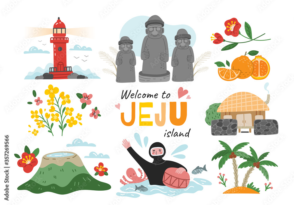 Welcome to Jeju Island, South Korea travel poster design with colorful ...
