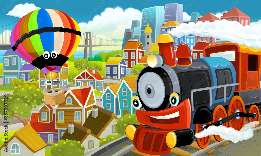 cartoon happy and funny scene of the middle of a city with flying plane ...