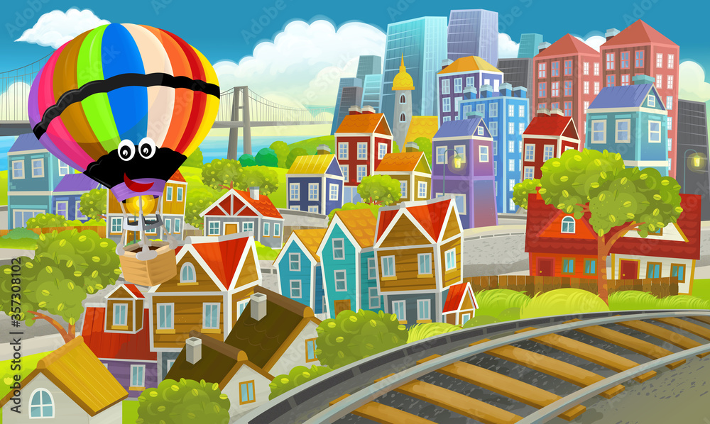 cartoon happy and funny scene of the middle of a city with flying plane ...