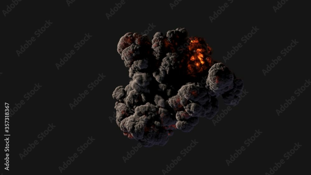 Explosion with huge smoke emission top down view. Big burst of flame ...