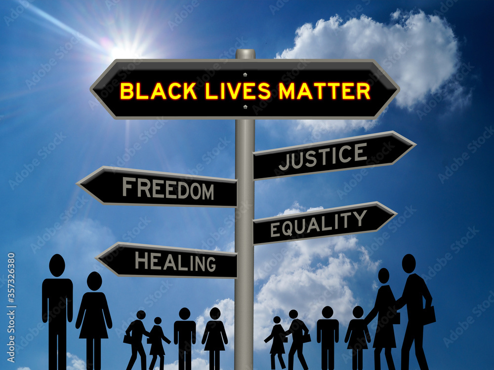 Black Lives Matter concept 3d sign on a signpost against a blue sunny ...