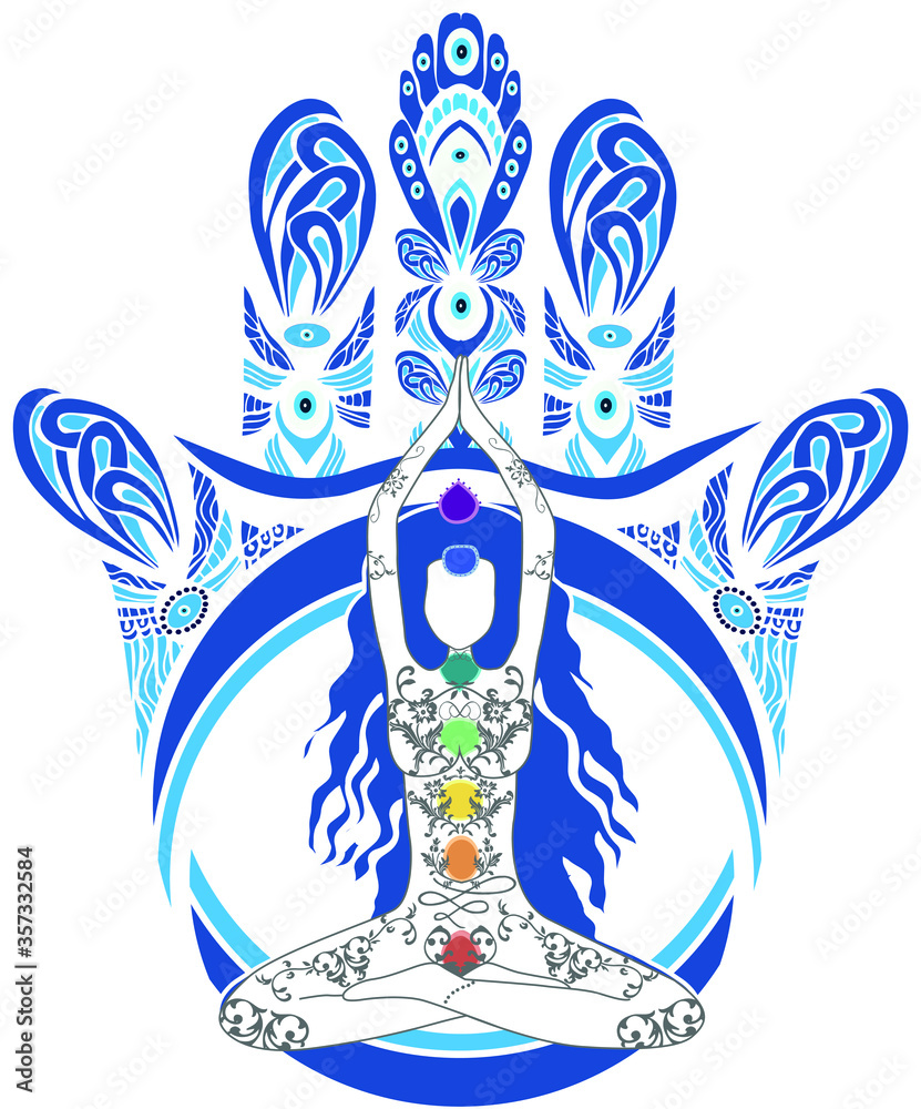 Human silhouette sitting in lotus position with chakras over hamsa ...