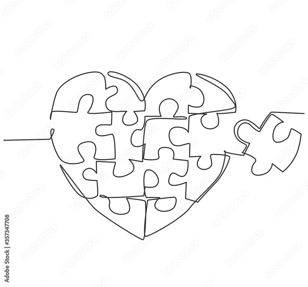 Single continuous line drawing of set puzzle pieces put it together to ...