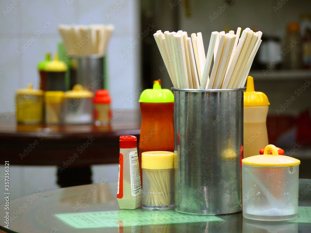 Stockfoto Close up of Chinese casual restaurant table setting of ...