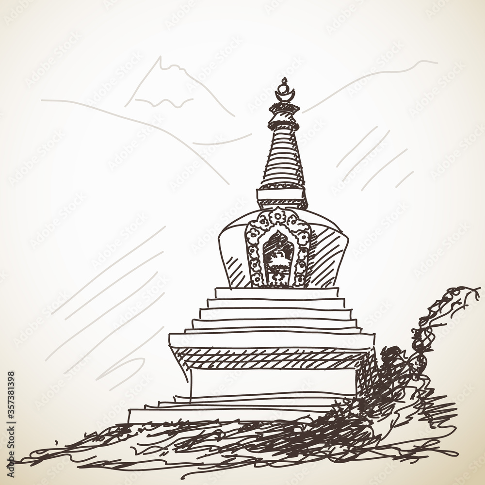 Buddhist stupa in mountain, Hand drawn illustration, Vector sketch ...