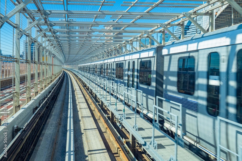 Transport system of Japan. The train travels along the tracks in the ...