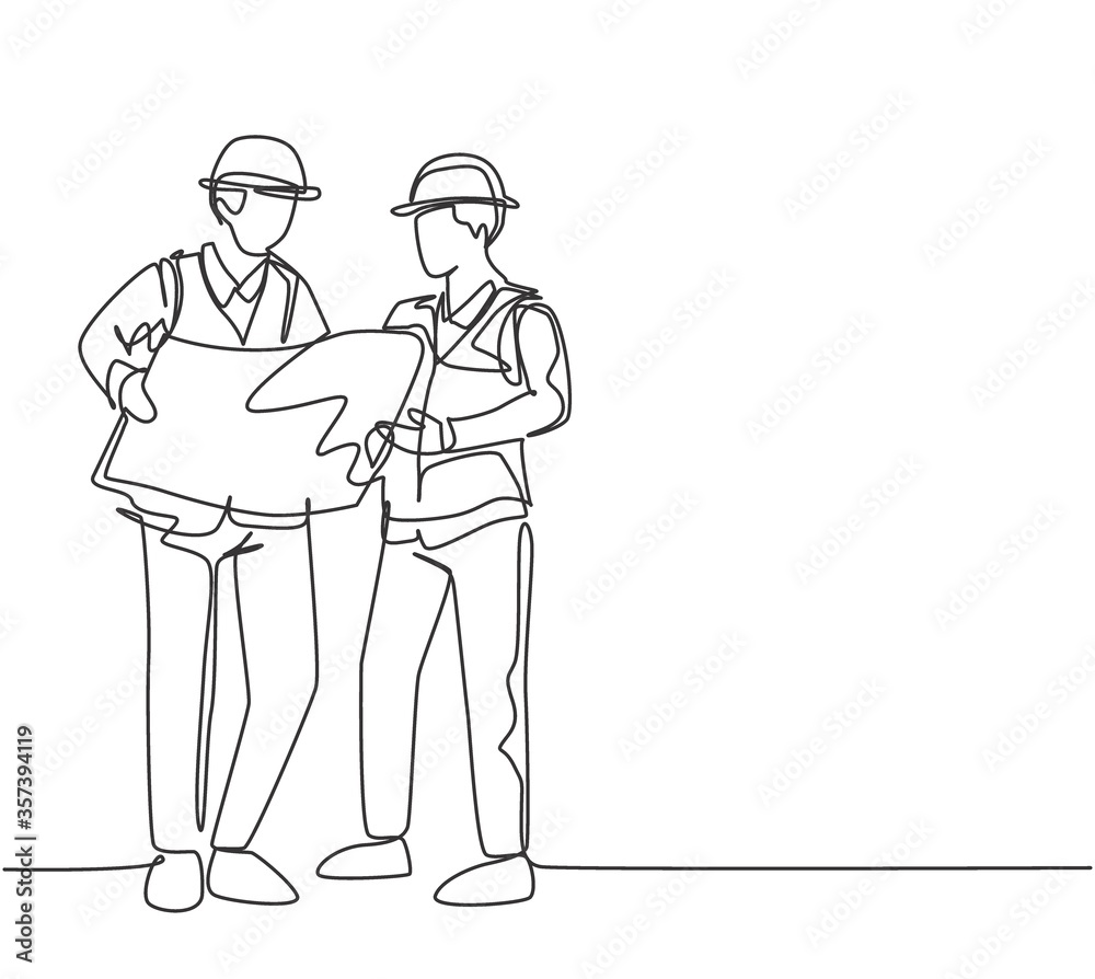 One continuous line drawing of young architect explaining building ...