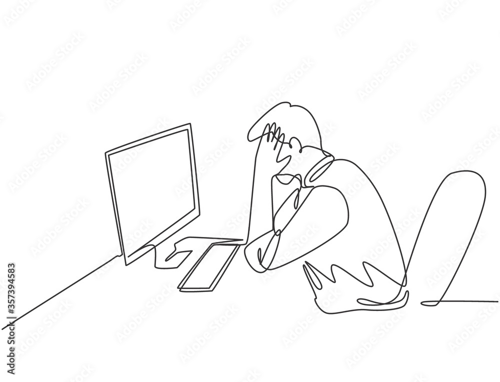 Single continuous line drawing of young tired company worker covering ...