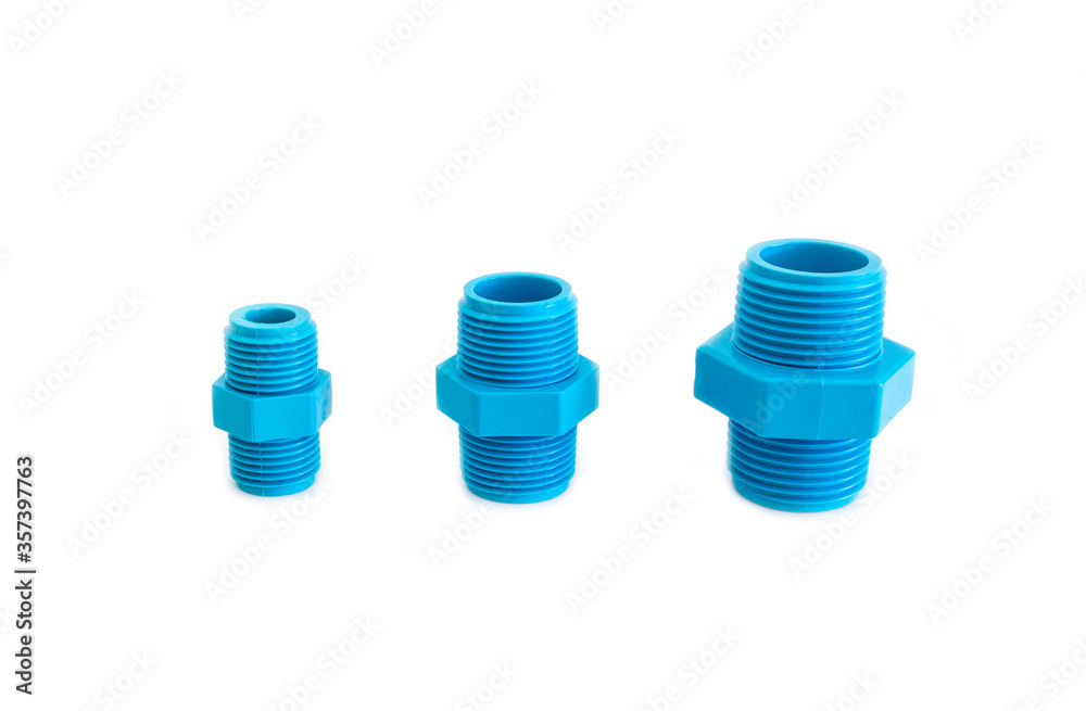 Blue PVC pipe set, separate on a white background, blue plastic water ...