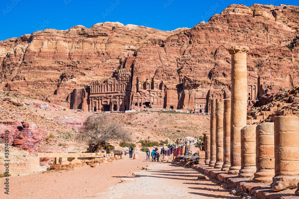 Petra, Jordan. The Royal Tombs and columns of the Great Temple at the ...