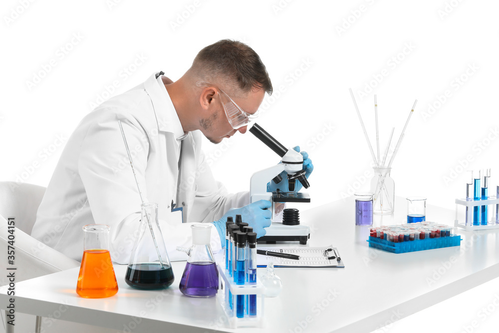 Scientist working with microscope on white background Stock Photo ...