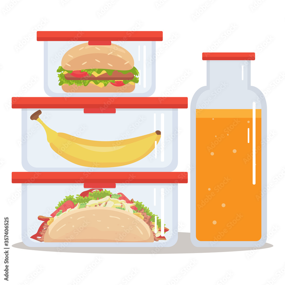 Lunch box meal container with hamburger, tacos, yellow banana and an ...