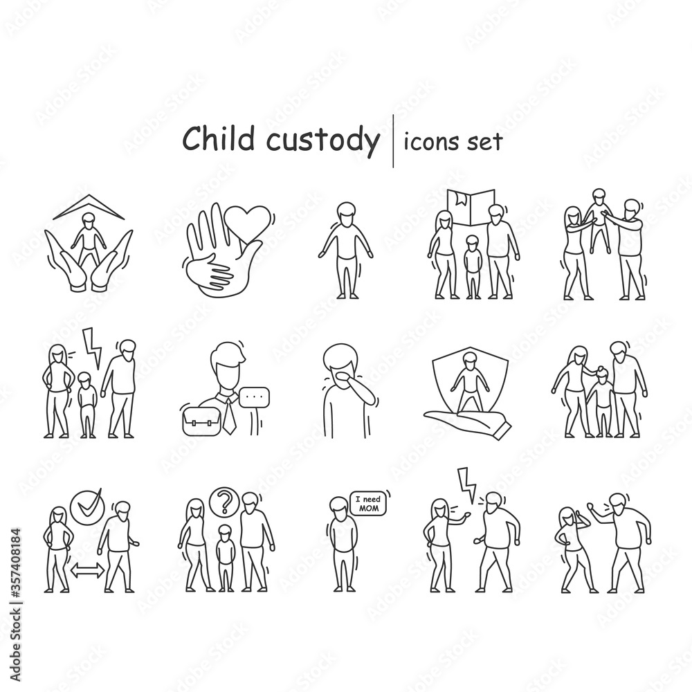 Child custody icons set. Family relationship and child custody linear ...