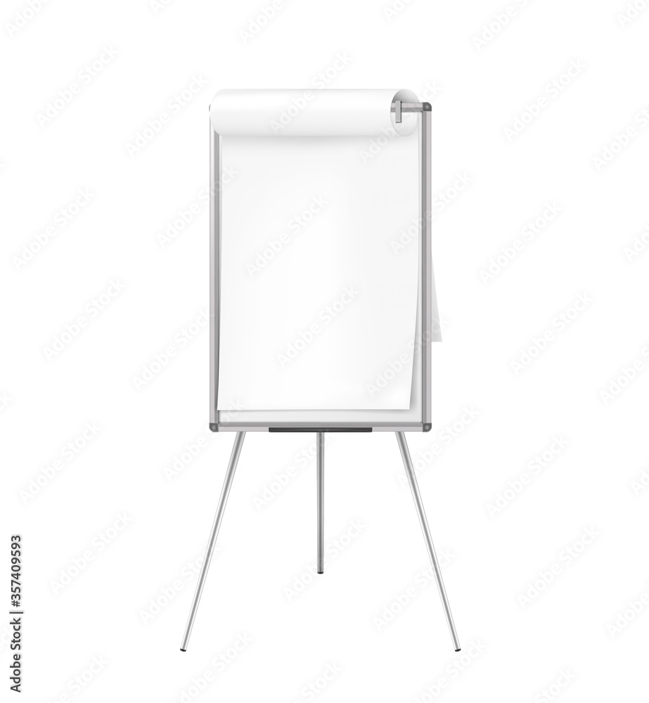 Flipchart whiteboard easel with blank paper sheet, vector mock-up ...