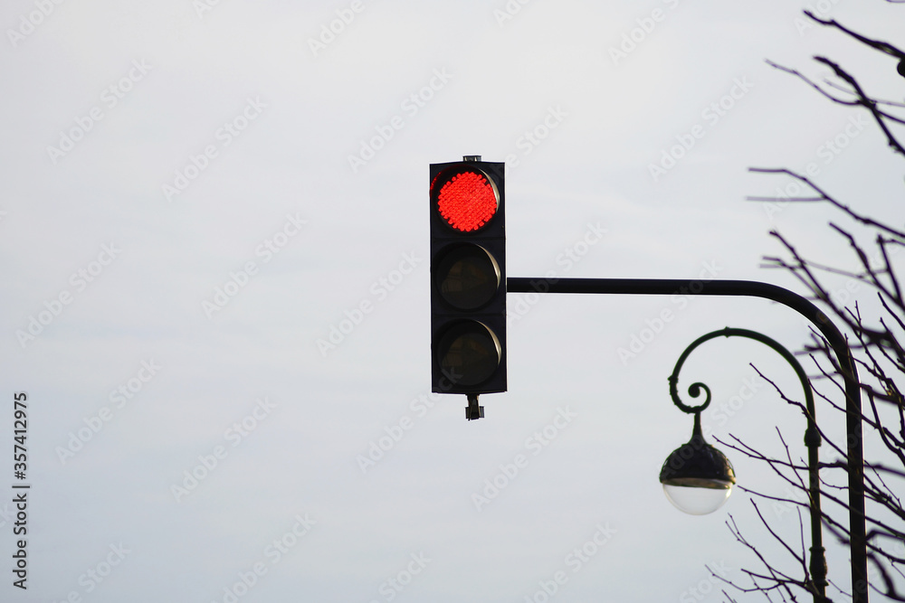 Pedestrian traffic light with red signal. Red traffic light on sky ...