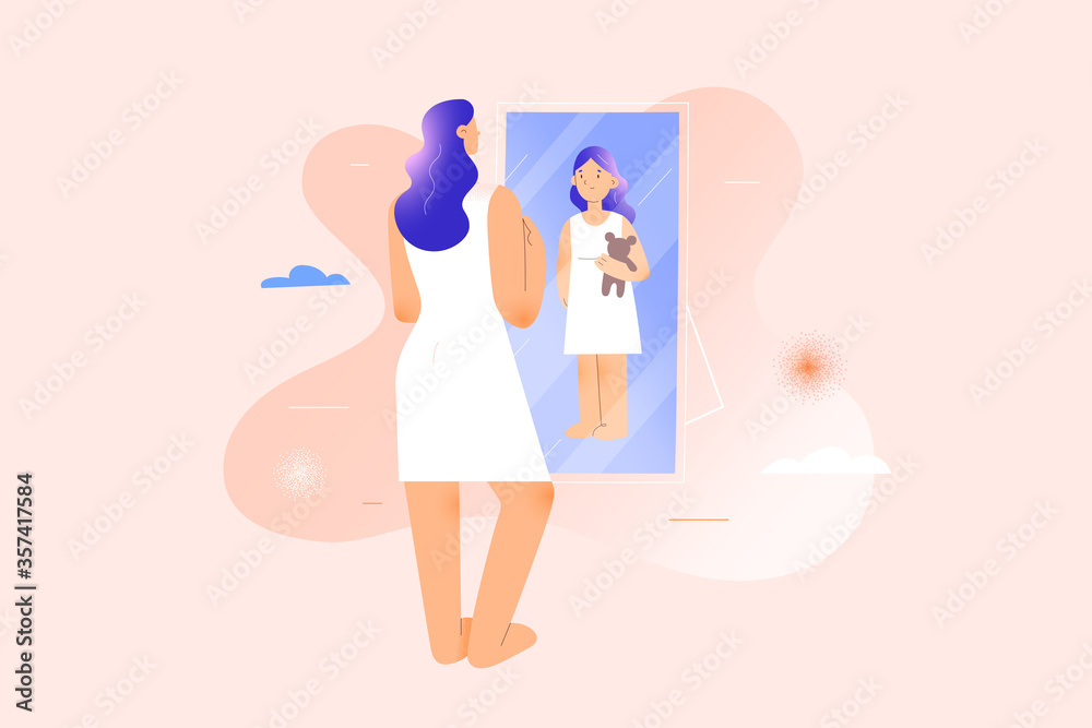 Woman seeing herself as child girl in mirror reflexion, inner child ...