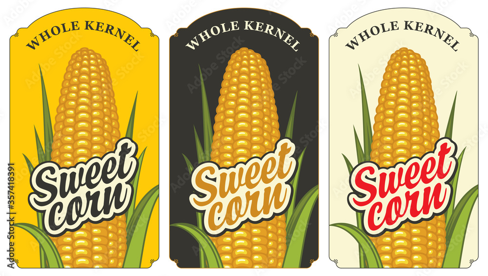 Sweet corn labels in retro style. A set of vector labels or banners for ...
