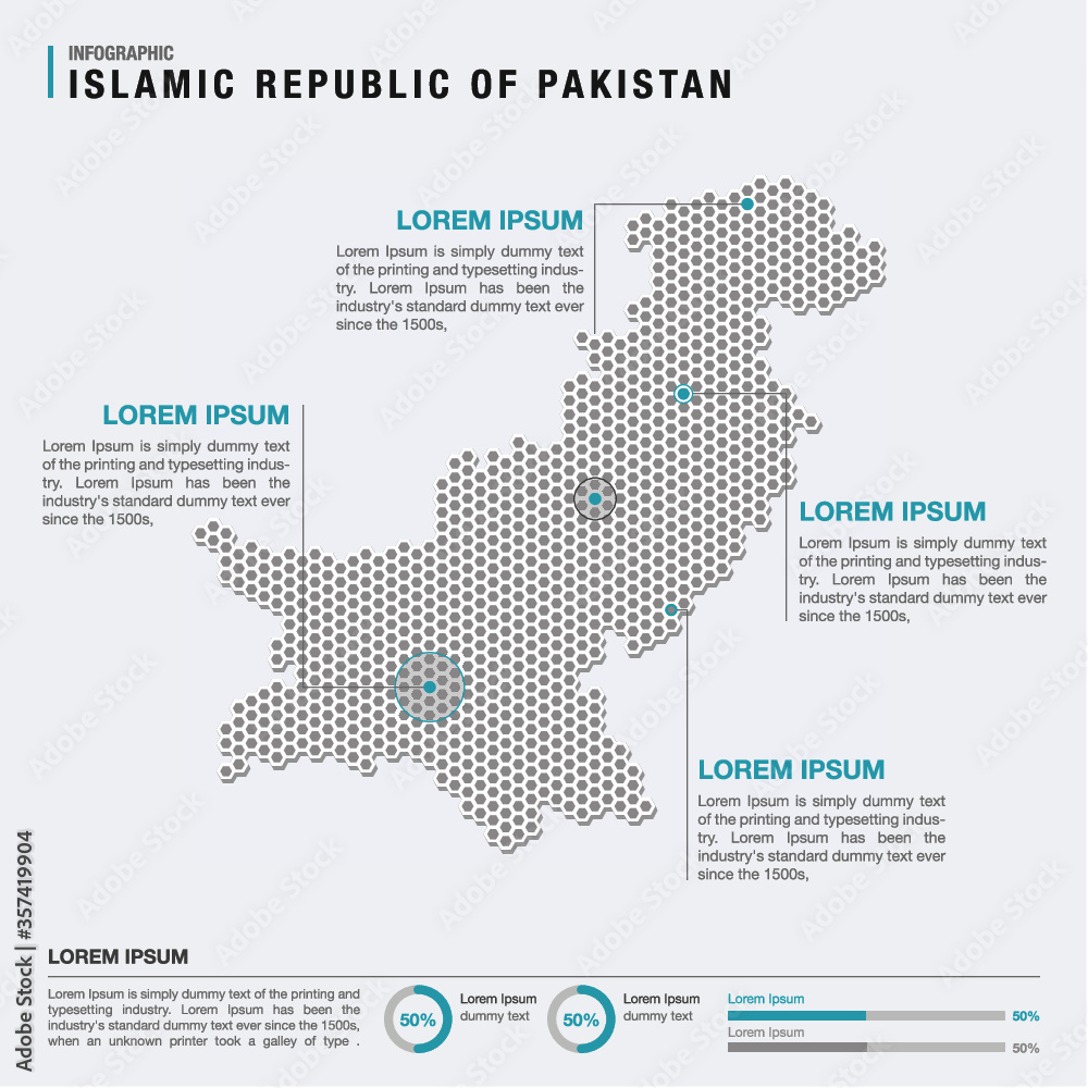 Pakistan country map infographics vector with pointer marks and circle chart template ...