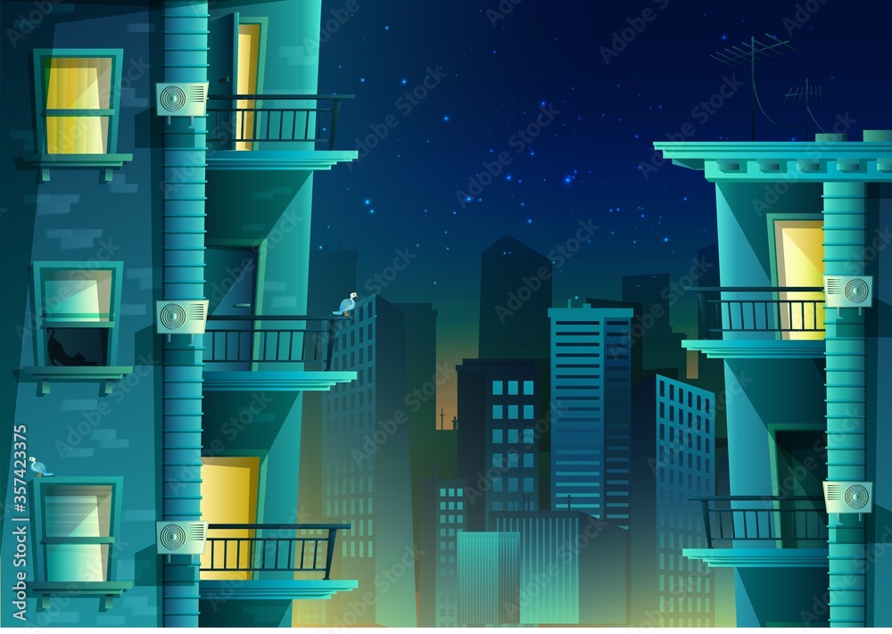 Vector cartoon style night city on blue light. Building with many ...