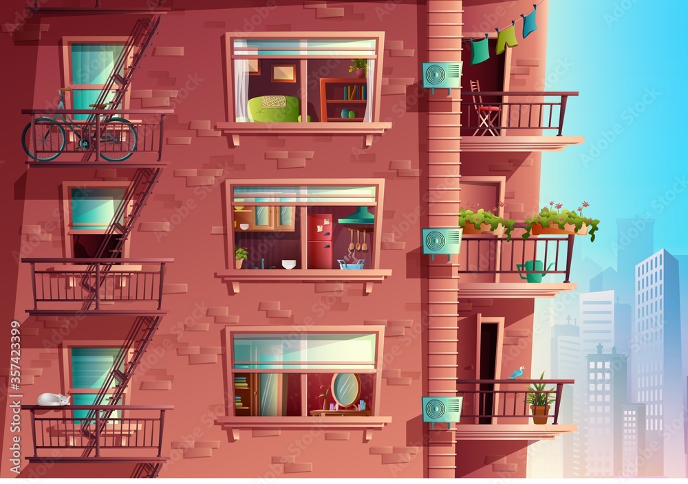 Vector cartoon style of building facade in side view with balconies and ...