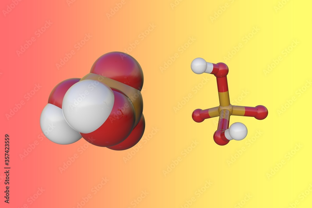 Molecular structure of sulfuric acid. Atoms are represented as spheres ...