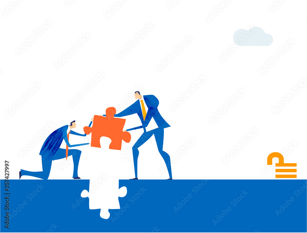 Two business people fitting the puzzle piece, agreement, working ...