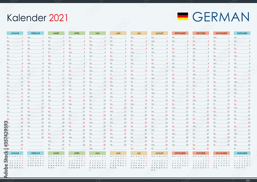 2021 Wall Planner in German. Yearly calendar and organizer. Simple ...