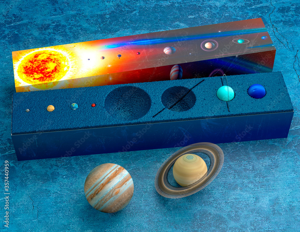 Solar system, box with models of the planets. Mercury, Venus, Earth ...