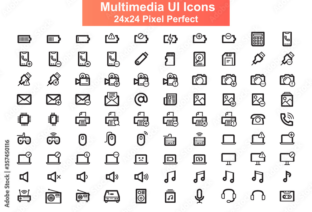Vetor de Multimedia UI icons set. Computer devices and media gadgets ...