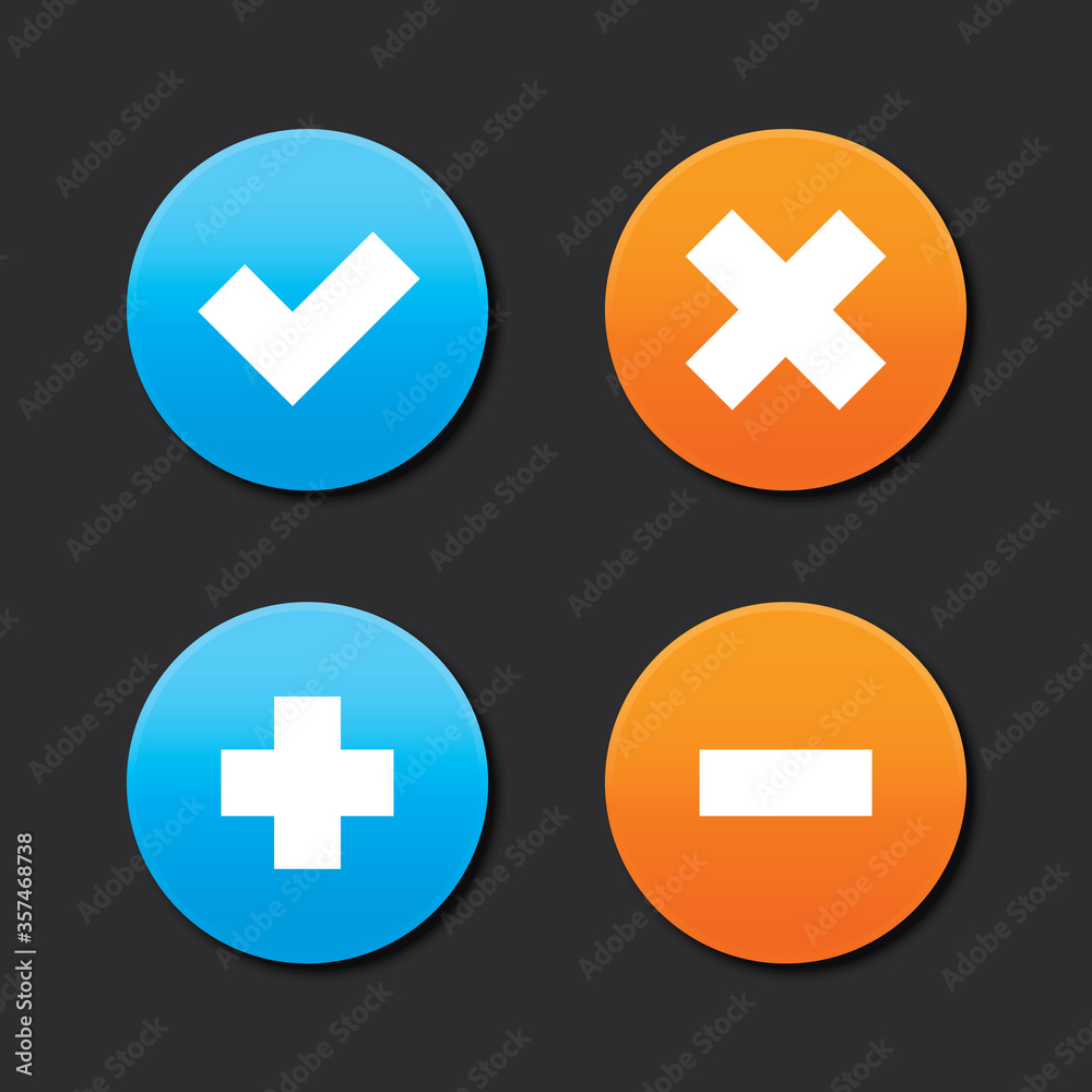 Round shape checkmark cross plusminus icons with shadow, blue & orange ...