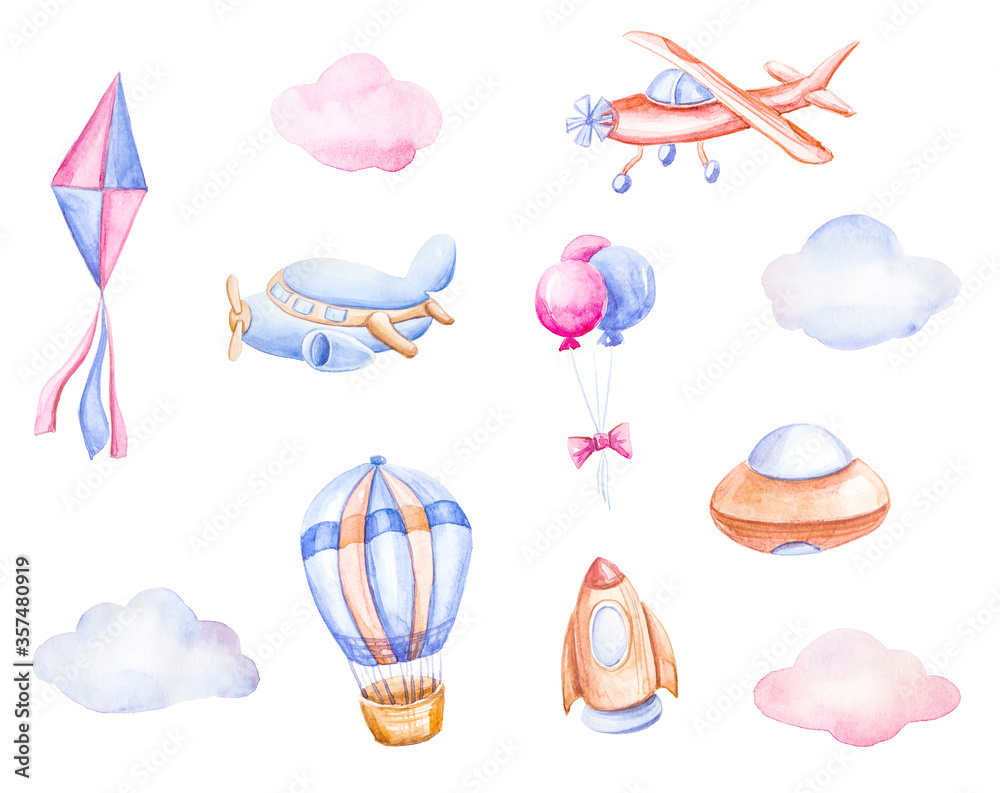 Watercolor air transport clipart on white background. Cute nursery ...