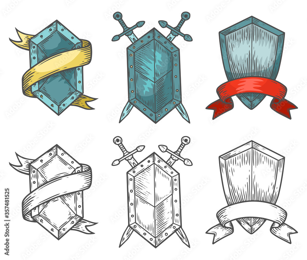 Heraldic medieval hand drawn shields. Sketch vector Stock ベクター | Adobe ...