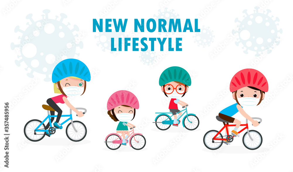 new normal lifestyle concept happy cute diverse family riding bikes ...